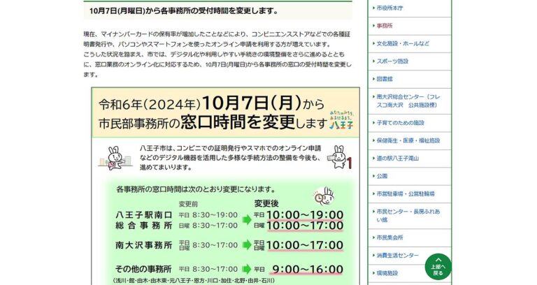 10/7より八王子市役所の受付時間変更！南大沢事務所は8時半→10時開始と90分短縮 | 南大沢通信